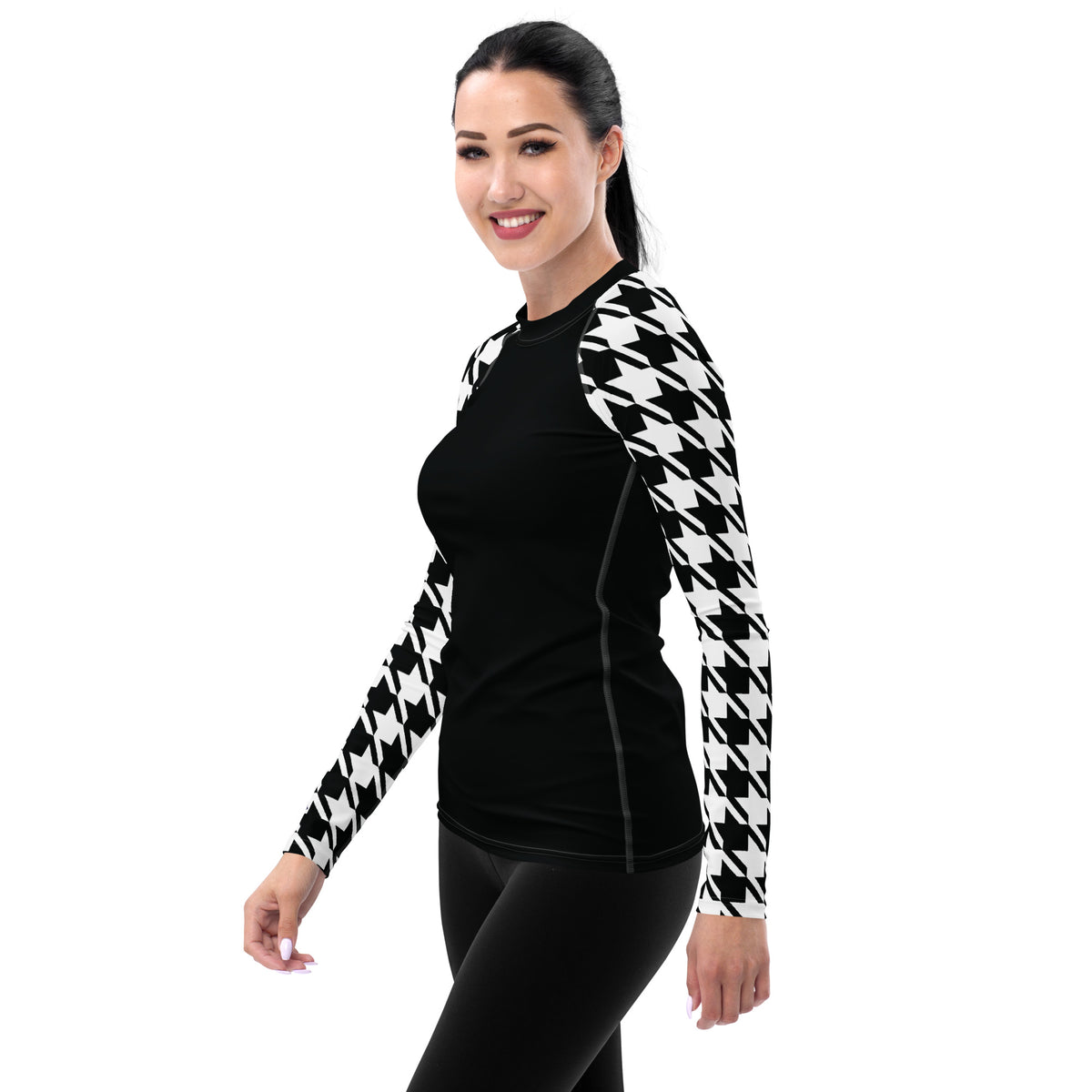 Chic Performance: Houndstooth Long Sleeve BJJ Rash Guard for Women Noi ...